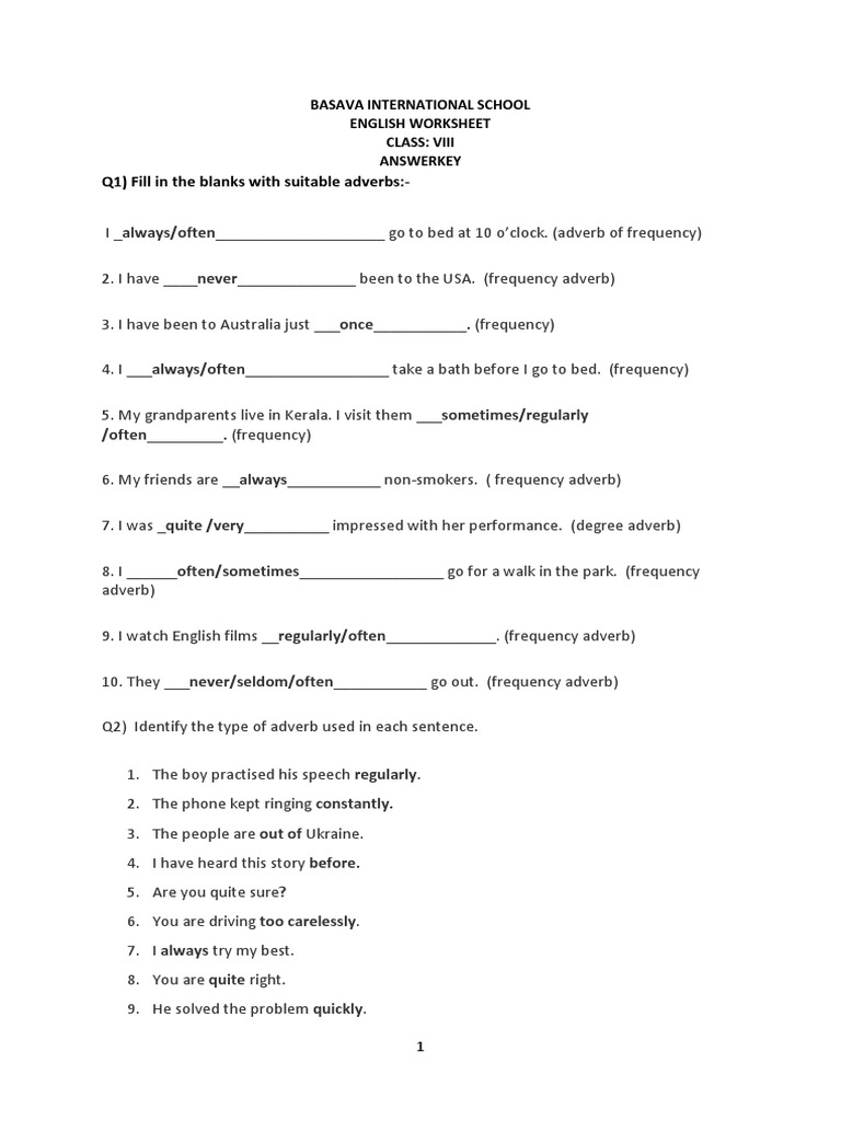 CLASS-8 Anskey ADVERBS REVISION WORKSHEET | PDF