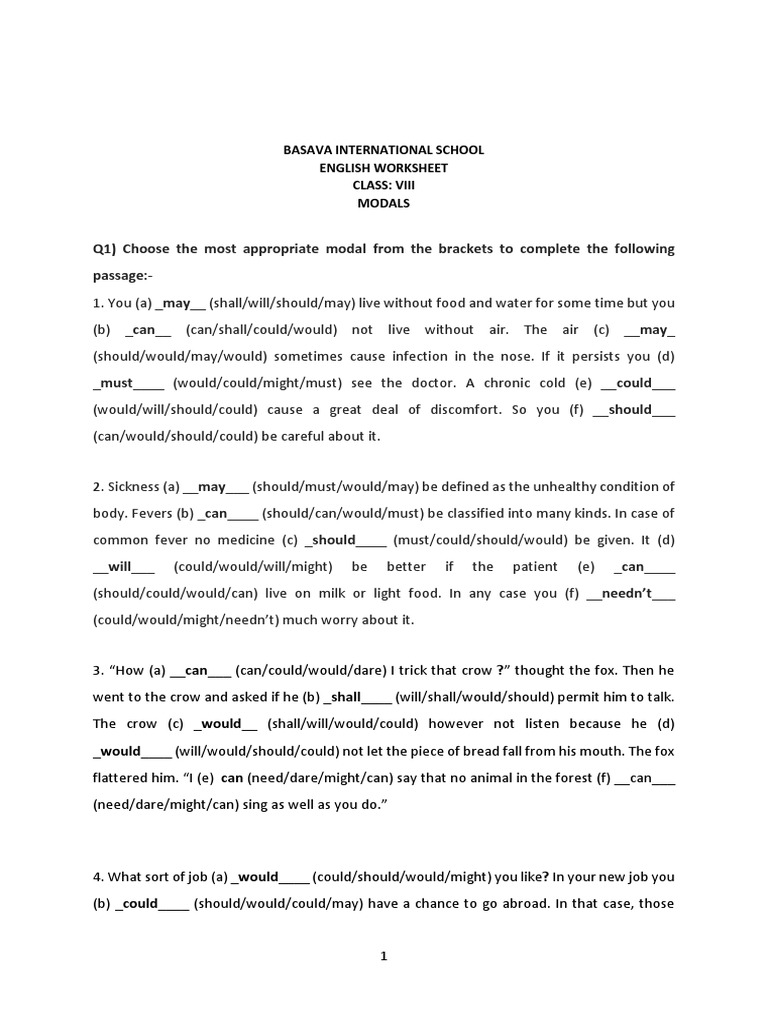 Class 8 Modals Worksheet with Answers | PDF | Language Arts ...
