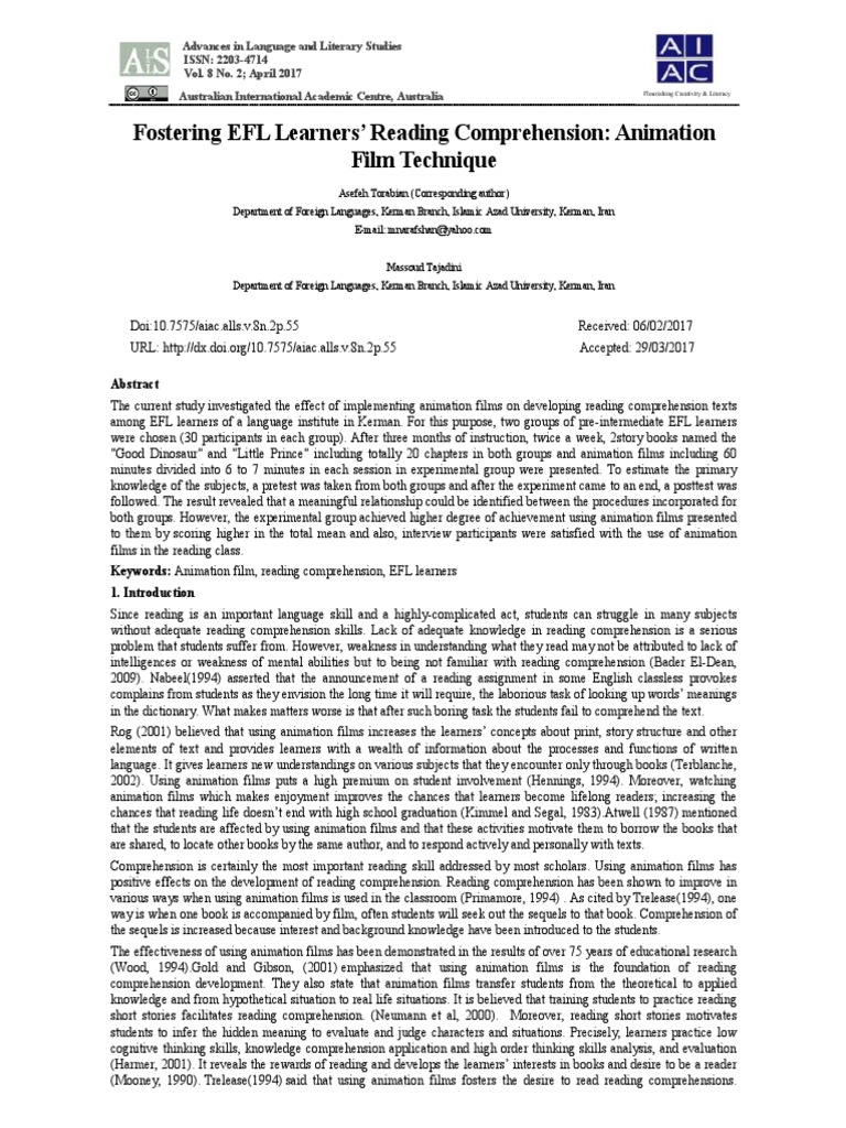 Fostering EFL Learners Reading Comprehension Animation Film Technique ...