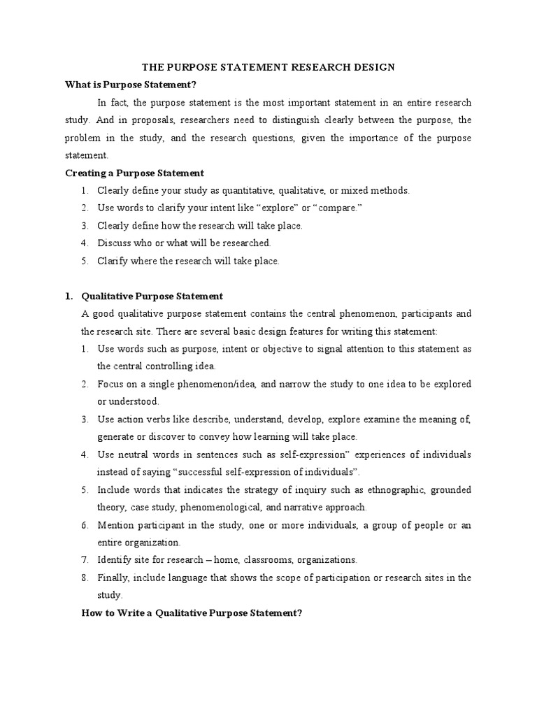 The Purpose Statement Research Design | PDF | Qualitative Research ...