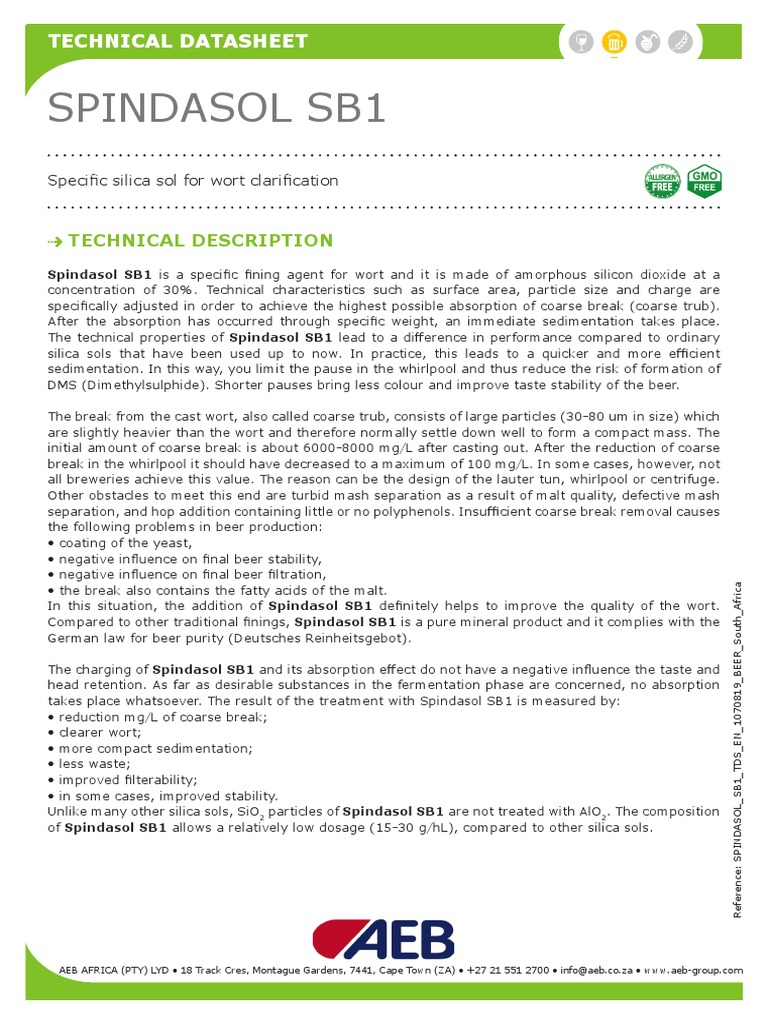 Spindasol Sb1: Technical Description | PDF | Beer | Brewing