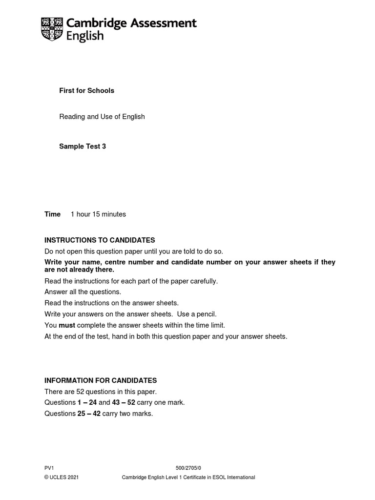 PV1 500/2705/0 © UCLES 2021 Cambridge English Level 1 Certificate in ...