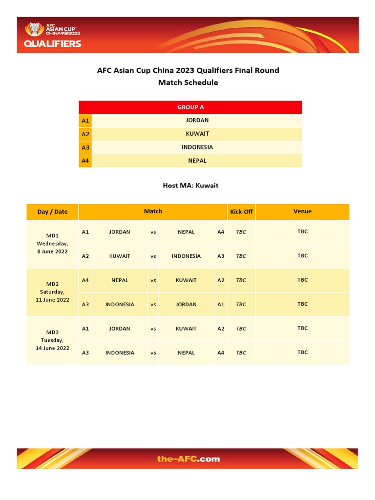 AFC Asian Cup China 2023 Qualifiers Final Round Match Schedule | PDF ...