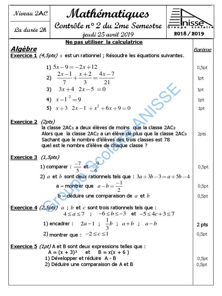 Contrôle de Maths 2AC Semestre 2 | PDF | Formes géométriques | Algèbre ...