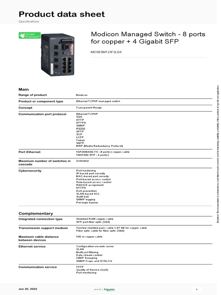 Product Data Sheet: Modicon Managed Switch - 8 Ports For Copper + 4 ...