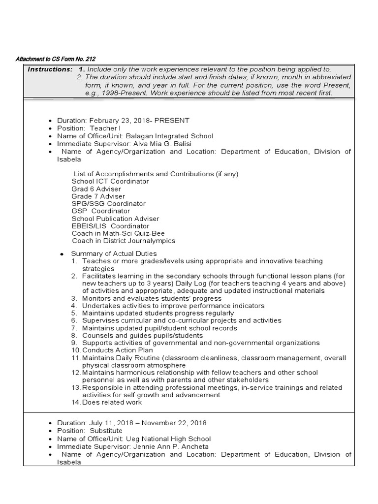 Work Experience Sheet: Instructions: 1. Include Only The Work ...