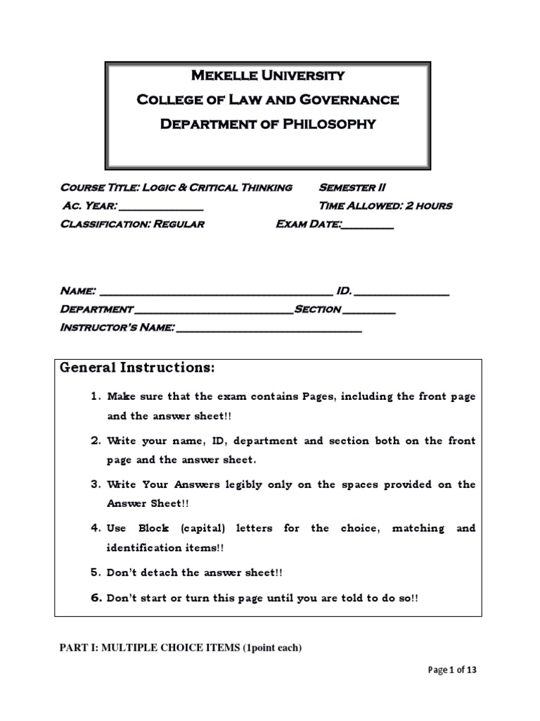 Logic Final Model Exam-1 | PDF | Fallacy | Argument