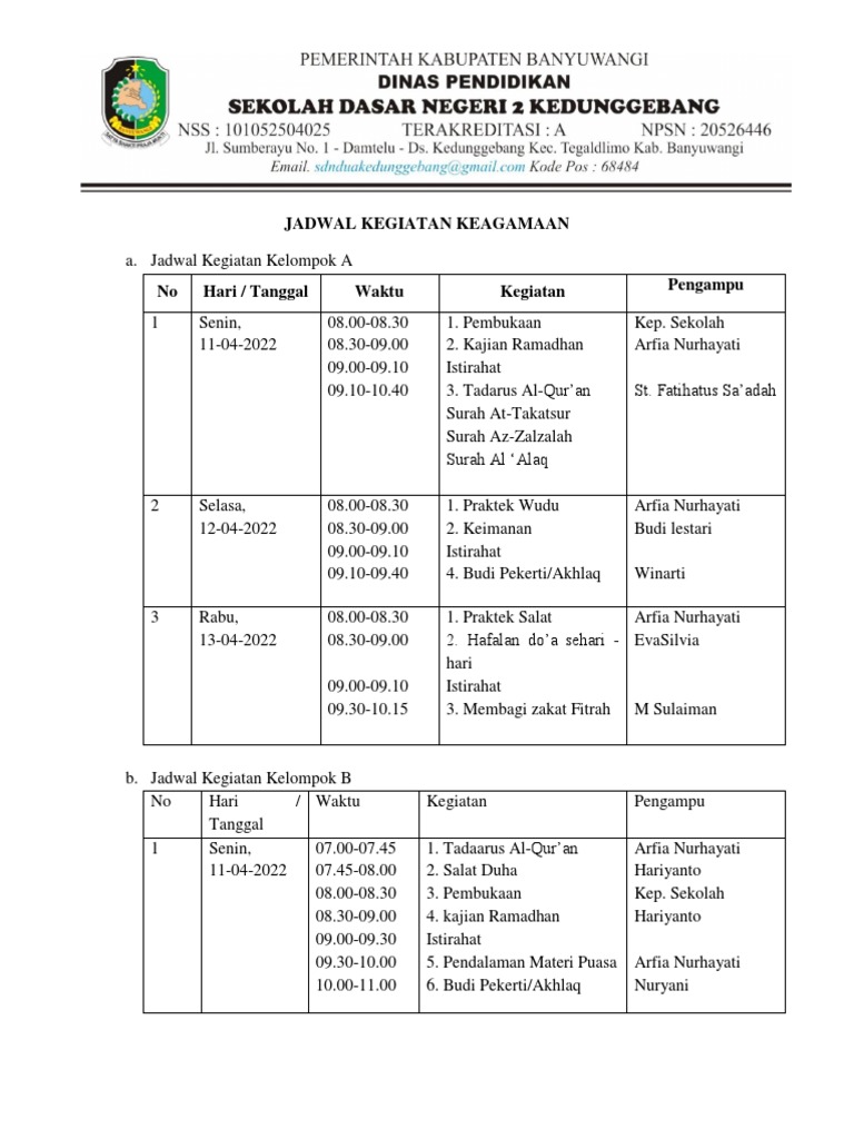 Jadwal Kegiatan Keagamaan | PDF