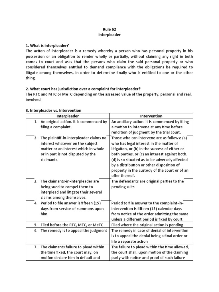 Rule 62 Interpleader 1. What Is Interpleader? | PDF | Lawsuit ...