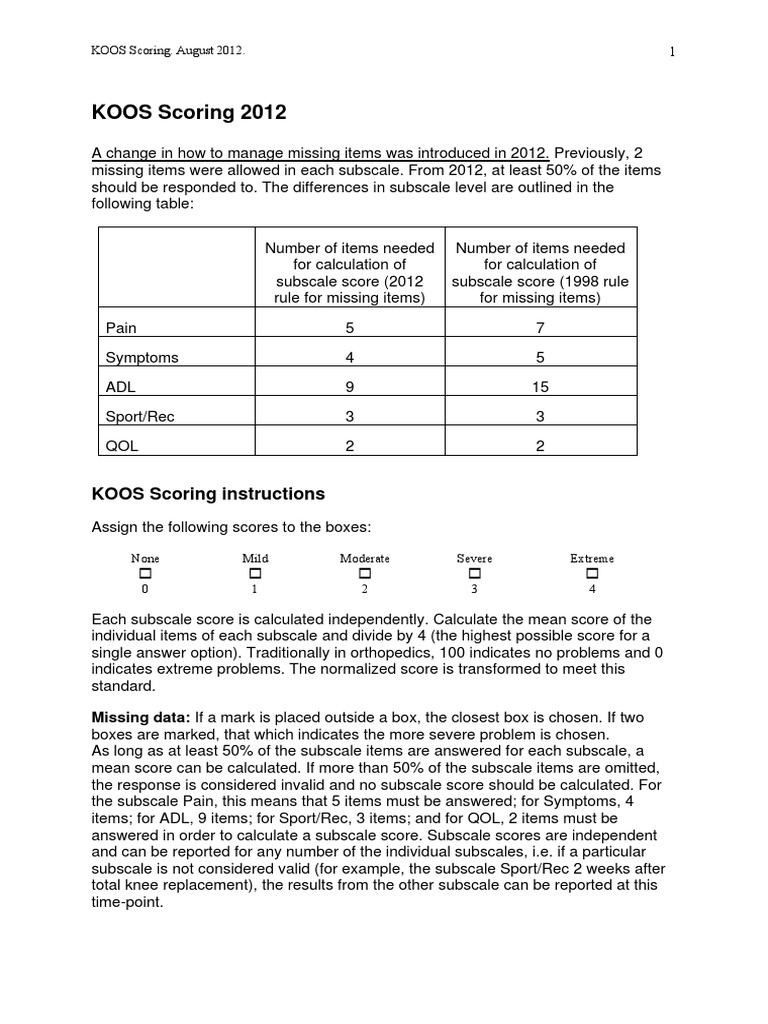 KOOS Scoring Guidelines and Calculations | PDF | Microsoft Excel ...