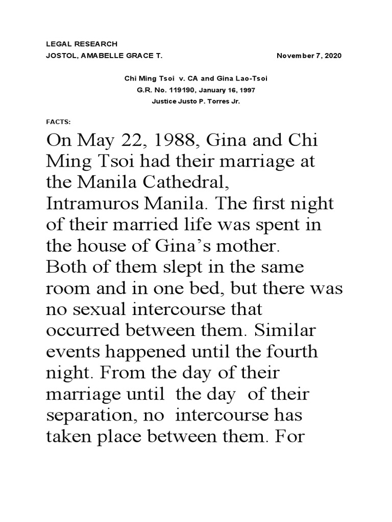 JOSTOL, AMABELLE GRACE TAGUBA - CASE BRIEF ON CHI MING TSOI v. CA | PDF ...