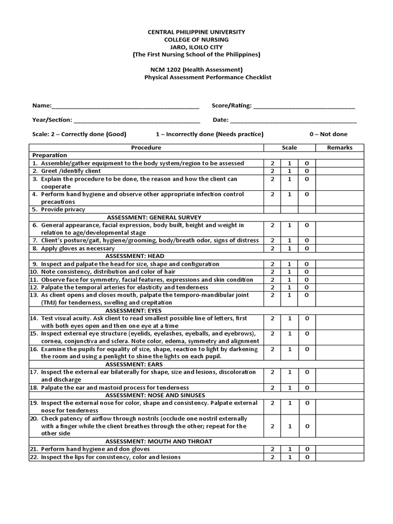 Health Assessment Performance Checklist | PDF | Thorax | Pulse