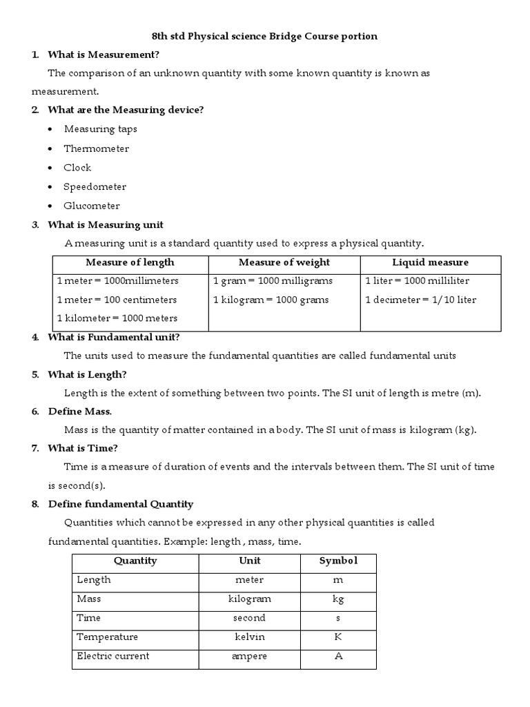 8th STD Physical Science Bridge Course Portion | PDF | Force | Atoms