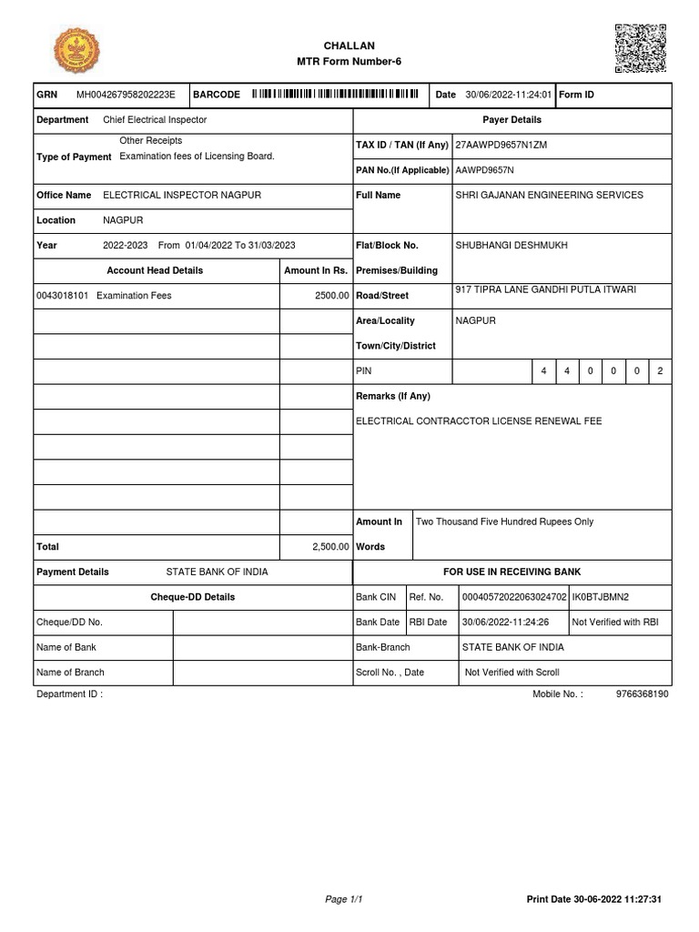 Challan MTR Form Number-6: PAN No. (If Applicable) AAWPD9657N | PDF ...