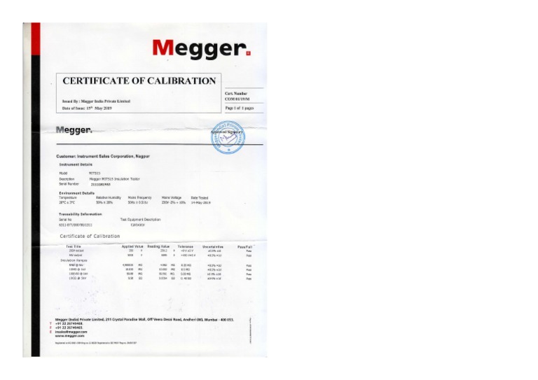 Megger Calibration Certificate | PDF