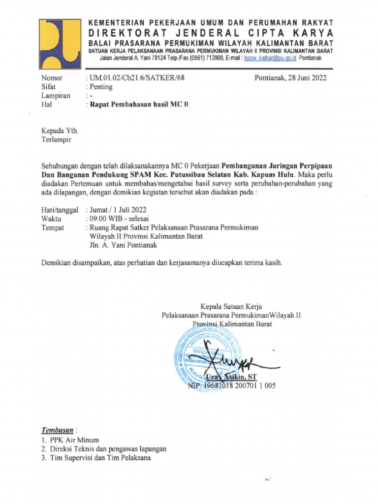 Undangan Rapat Pembahasan Hasil MC 0 SPAM Kec. Putussibau | PDF