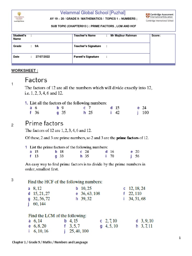 Velammal Global School (Puzhal) : Worksheet | PDF
