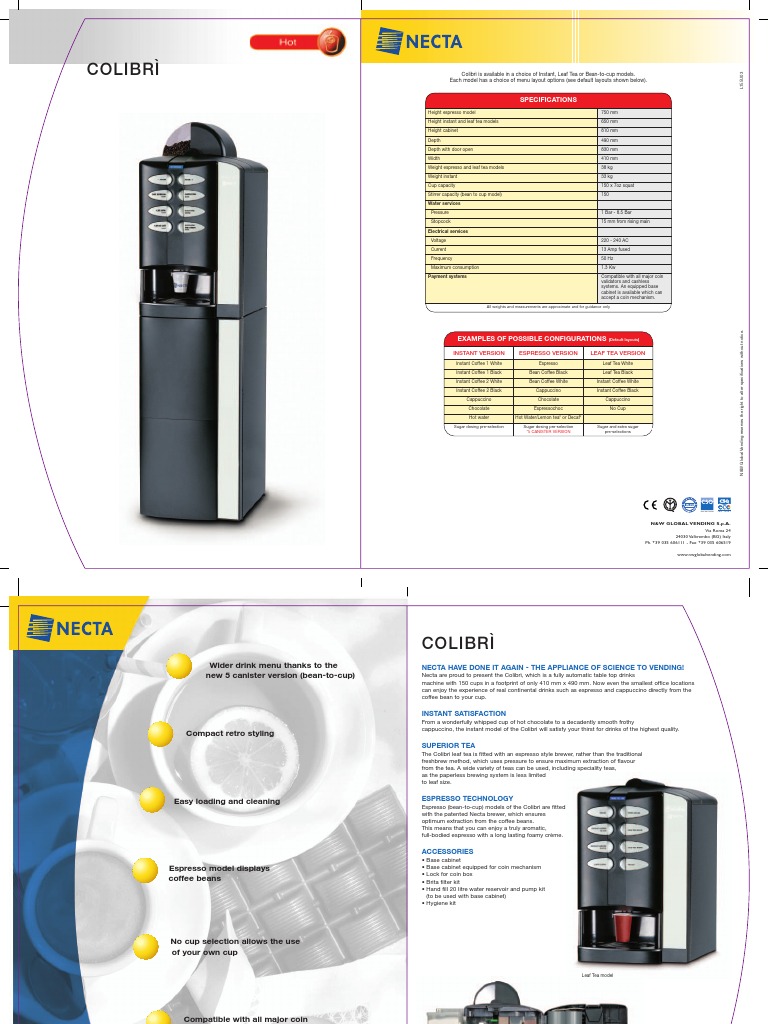 Specification Sheet and Product Overview for the Necta Colibrì Compact ...