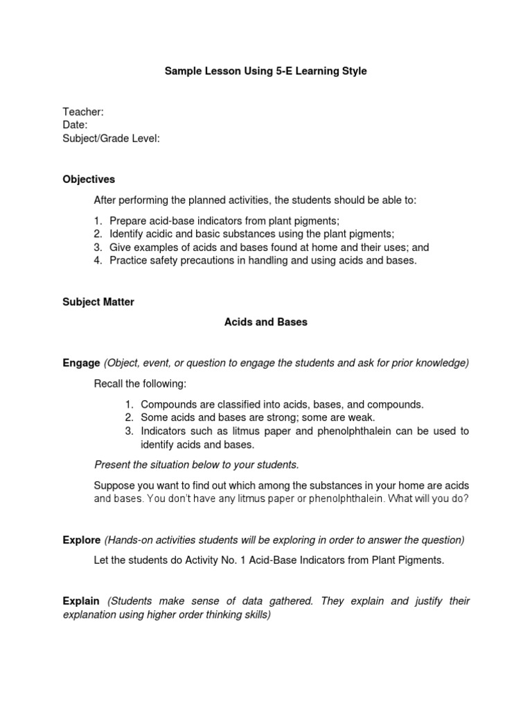 SCIMAJ102 Sample Lesson Plan Using 5E Learning Cycle | PDF | Ph | Chemistry