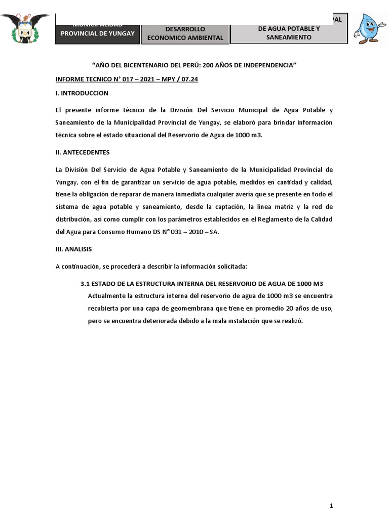 Informe Tecnico # 017 Estado Situacional R 1000 M3 | PDF | Agua potable | Agua