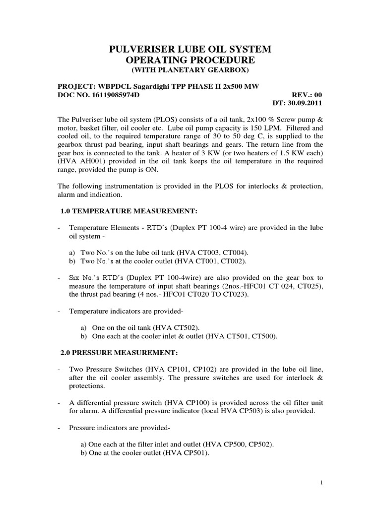 PULVERISER LUBE OIL SYSTEM OPERATING PROCEDURE REV 00 - WBPDCL ...