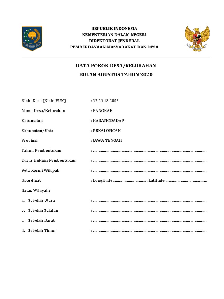 Form Data Pokok Desa-Kel | PDF
