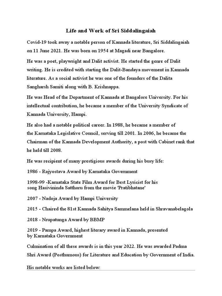 Life and Work of Sri Siddalingaiah | PDF