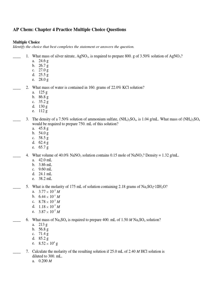 AP Chem: Chapter 4 Practice Multiple Choice Questions | PDF | Ammonium ...