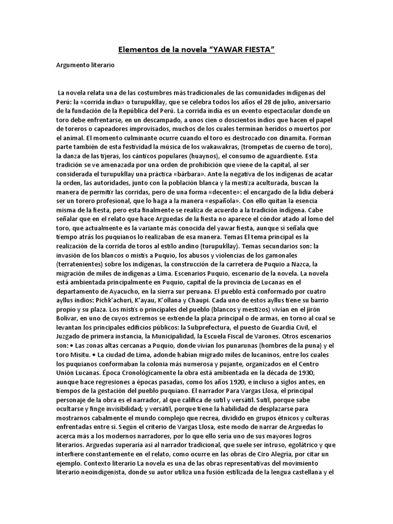 Elementos de La Novela Yawar Fiesta | PDF