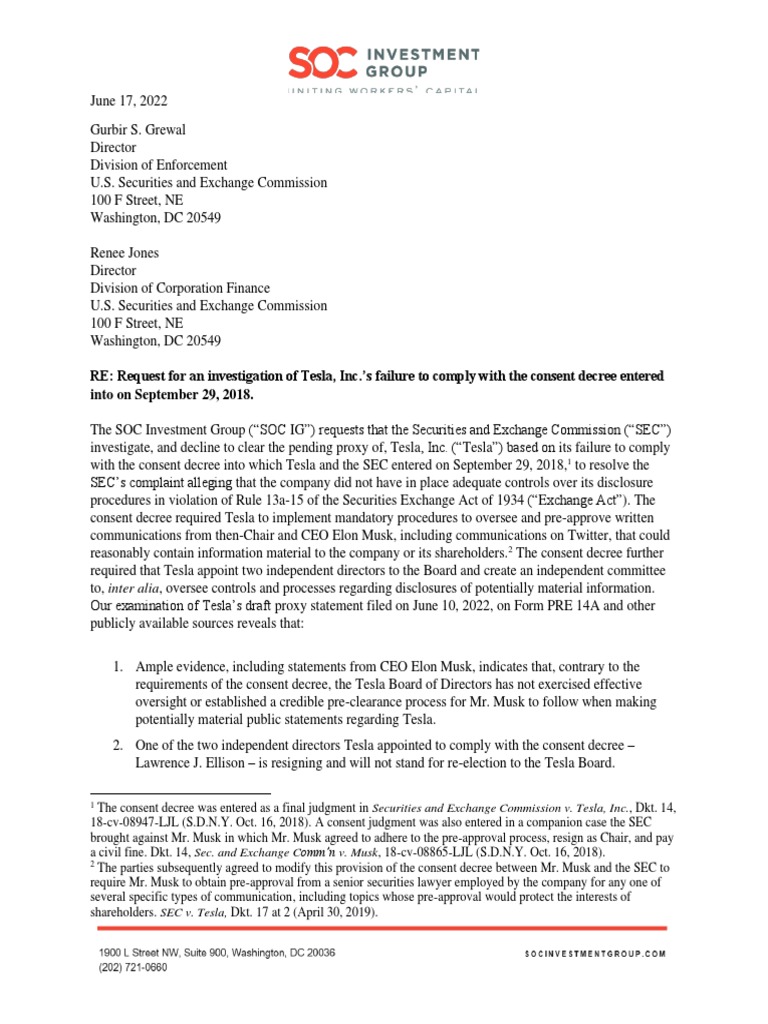 SOC Investment Group Letter Asking SEC To Investigate Tesla, Reject ...