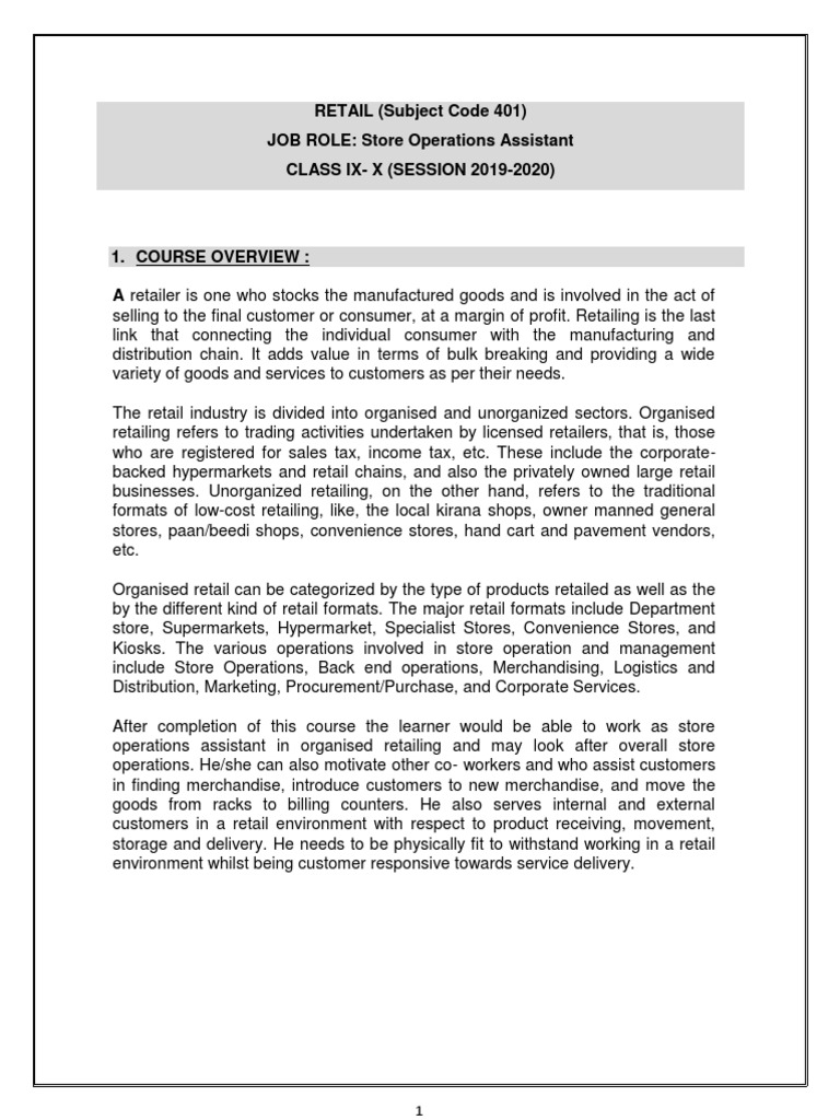 RETAIL (Subject Code 401) JOB ROLE: Store Operations Assistant CLASS IX ...