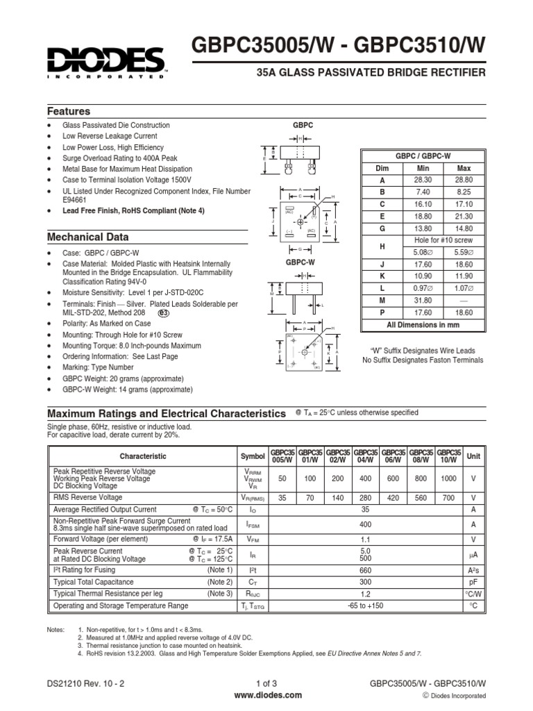 GBPC35005/W - GBPC3510/W: 35A Glass Passivated Bridge Rectifier | PDF ...