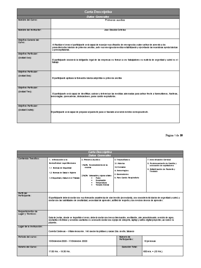 Carta-Descriptiva-Ec0217-Ec0301-Producto Primeros Auxilios | PDF | Evaluación | Primeros auxilios