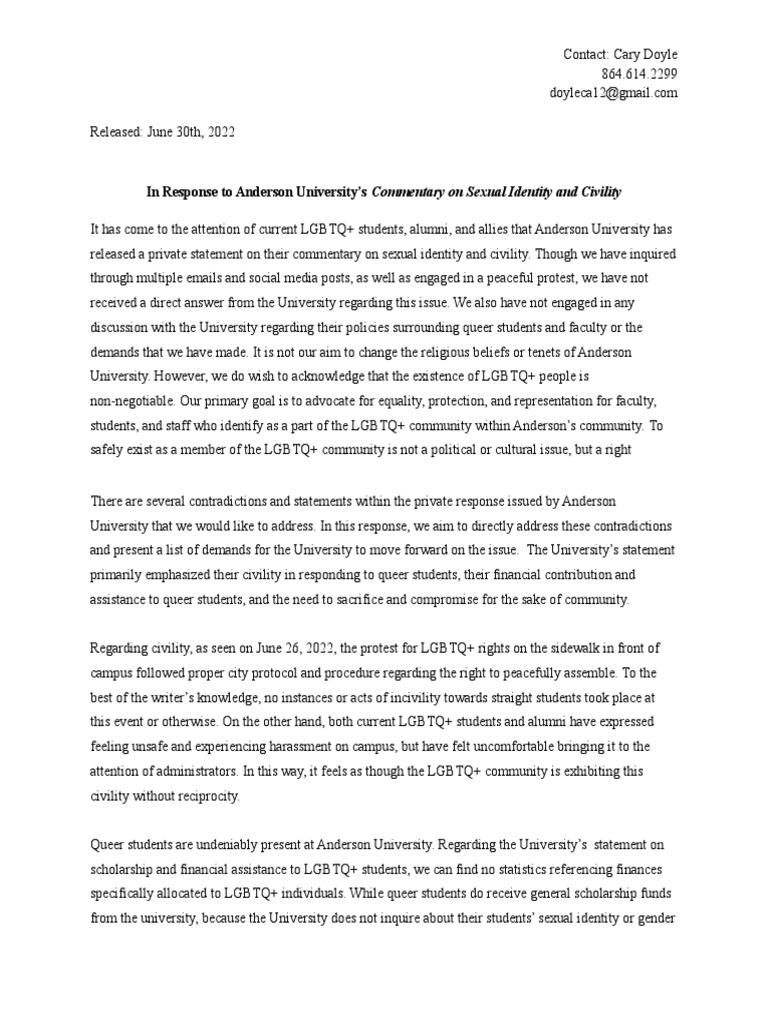 LGBTQ+ Activists Letter To Anderson University | PDF | Lgbt | LGBTQIA+ ...