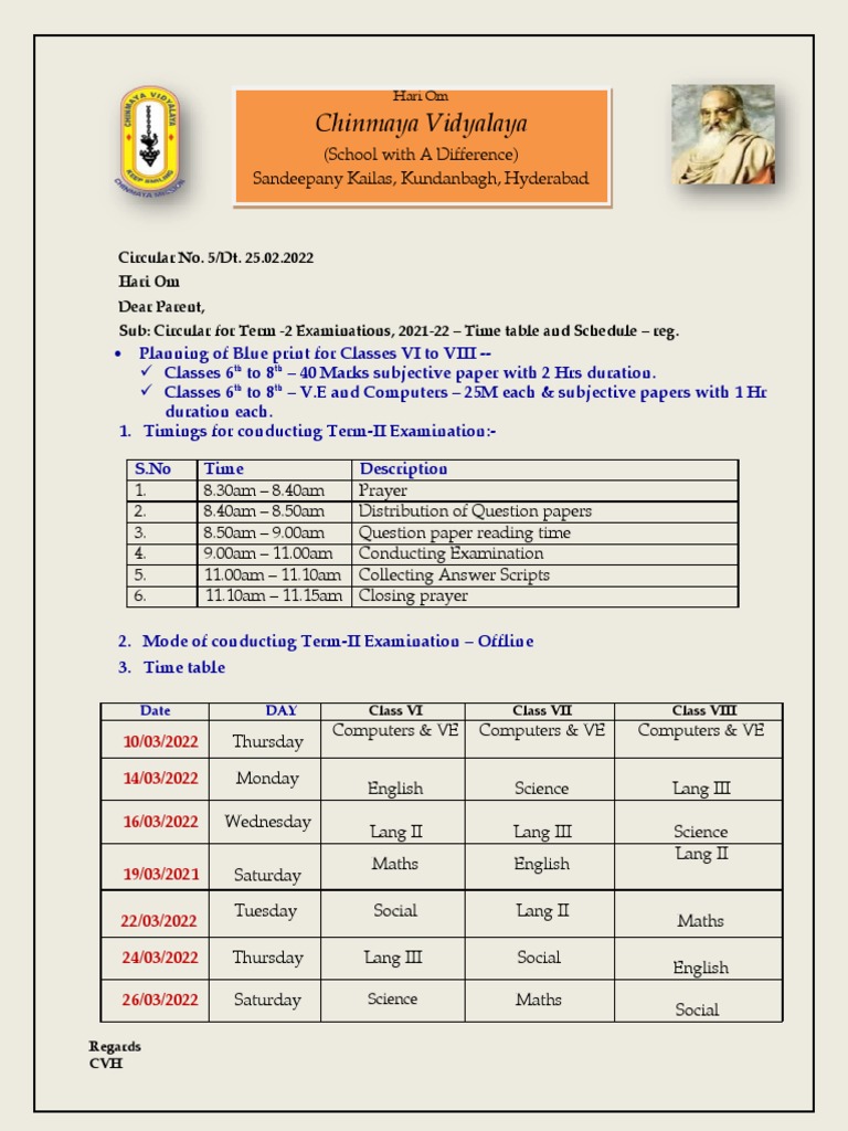 Term-II Exam Timetable for Classes VI-VIII | PDF