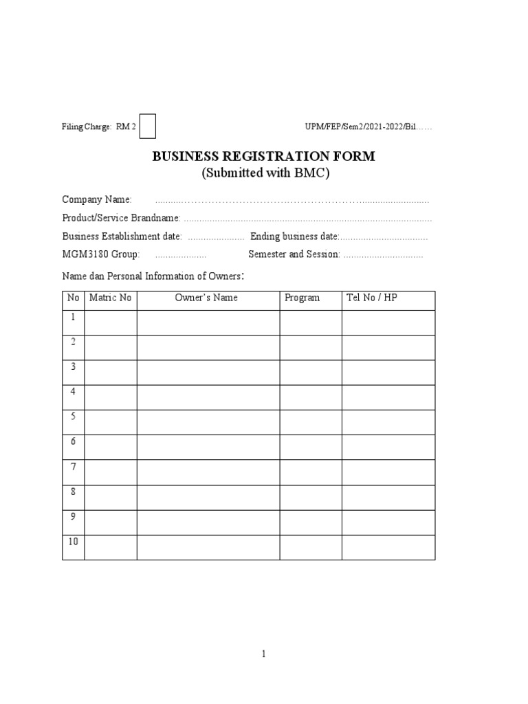 Business Registration Form: (Submitted With BMC) | PDF | Popular ...
