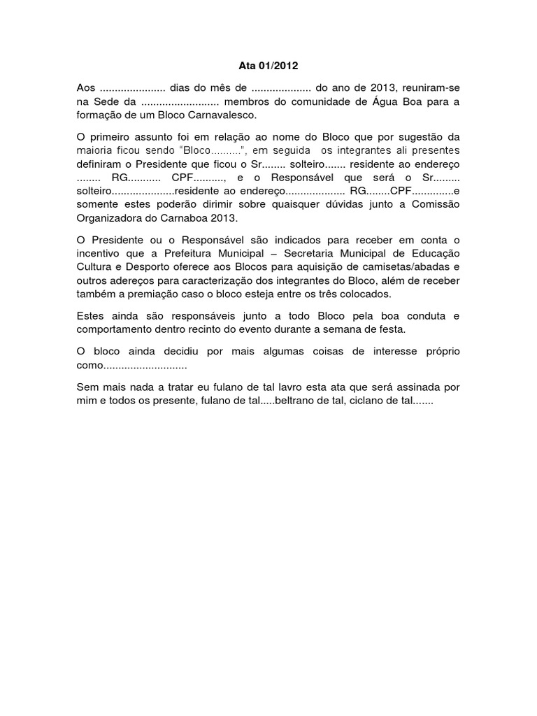 Modelo de Ata para Blocos 2015 | PDF