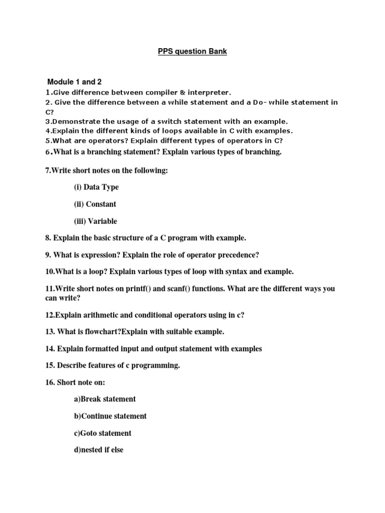 Pps Question Bank Pdf C Programming Language Parameter 5997
