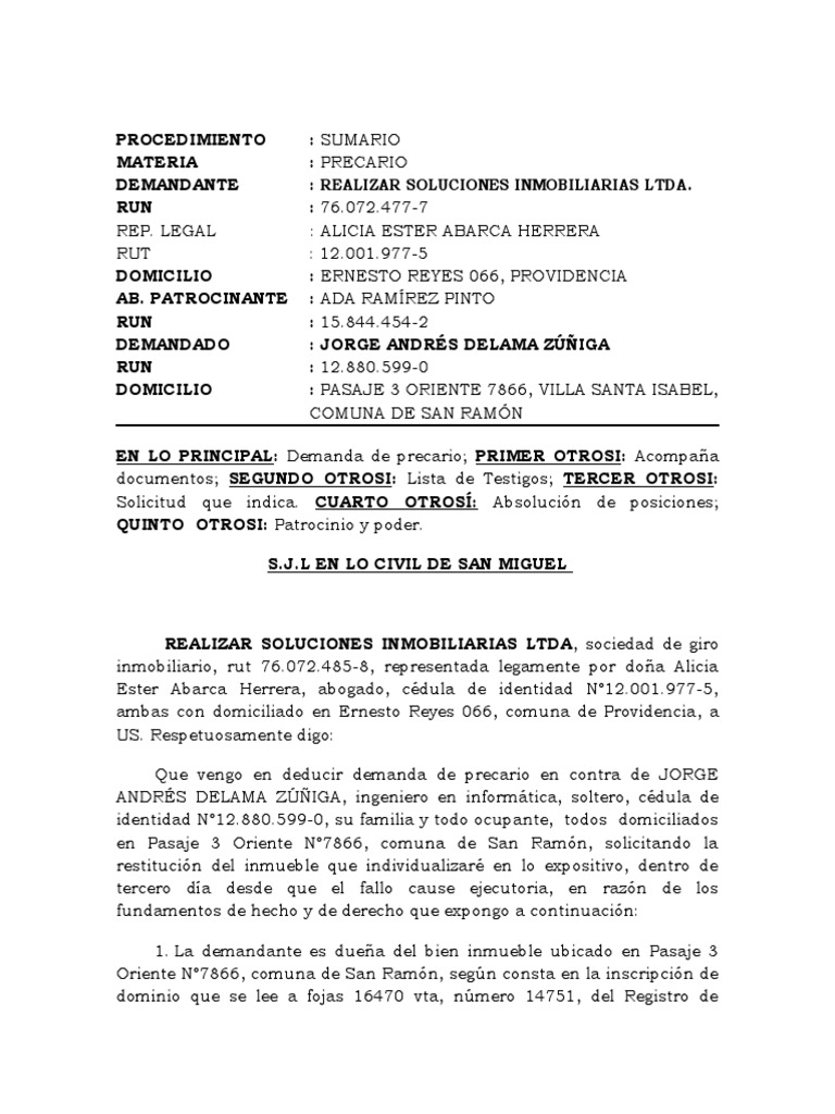 Demanda de Precario por Alicia Abarca | PDF | Ley común | Justicia