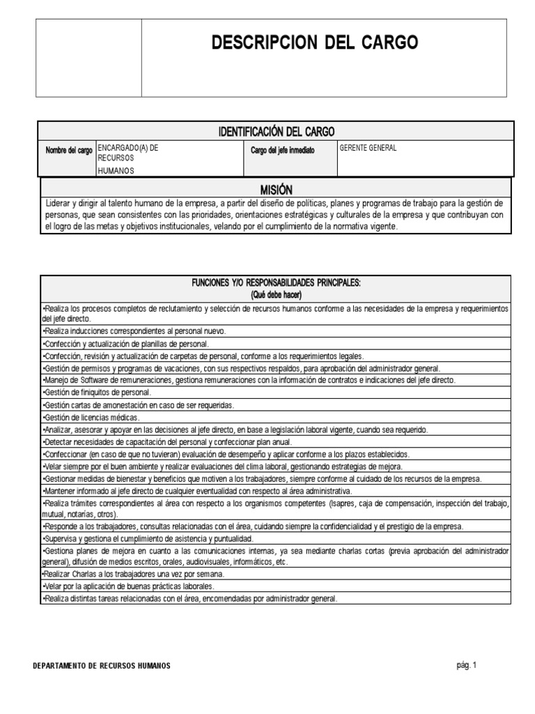 Descriptor de Cargo - Encargada de RRHH 2022 | PDF | Gestión de recursos humanos | Economias