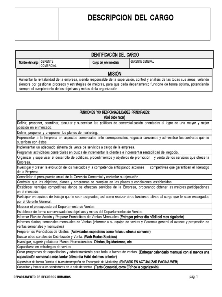 Descriptor de Cargo - Gerente Comercial | PDF | Marketing | Gestión de recursos humanos