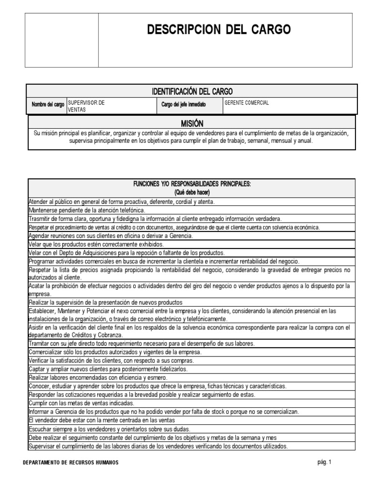 Descriptor de Cargo - Supervisor de Ventas | PDF | Planificación de recursos empresariales ...