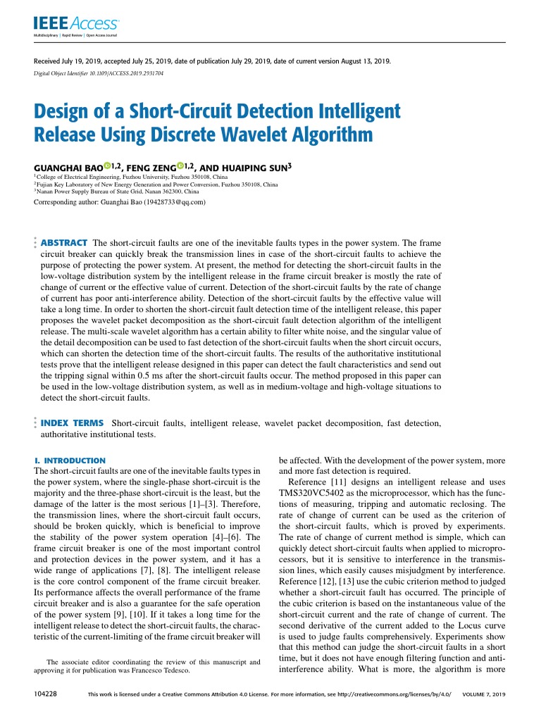 Design Of A Short Circuit Detection Intelligent Release Using Discrete Wavelet Algorithm Pdf
