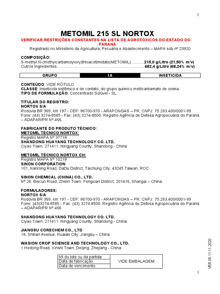 METOMIL SL NORTOX (Ok) | PDF | Inseticida | Embalagem e rotulagem
