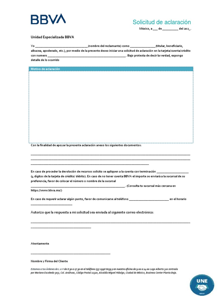 Formato Solicitud de Aclaración BBVA (General) | PDF