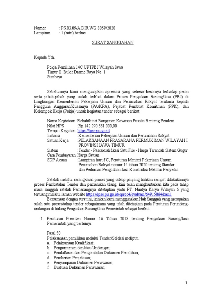 Contoh Sanggahan Pada LPSE | PDF | Pengelolaan Keuangan & Uang ...