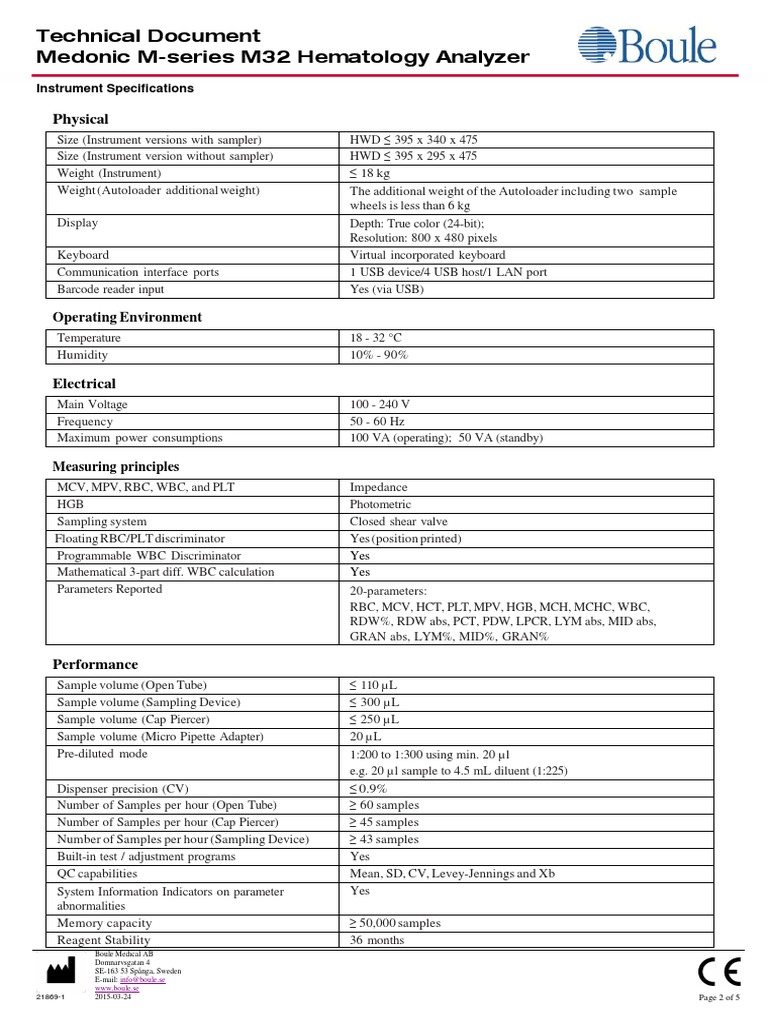 Technical Document Medonic M-Series M32 Hematology Analyzer: Physical ...