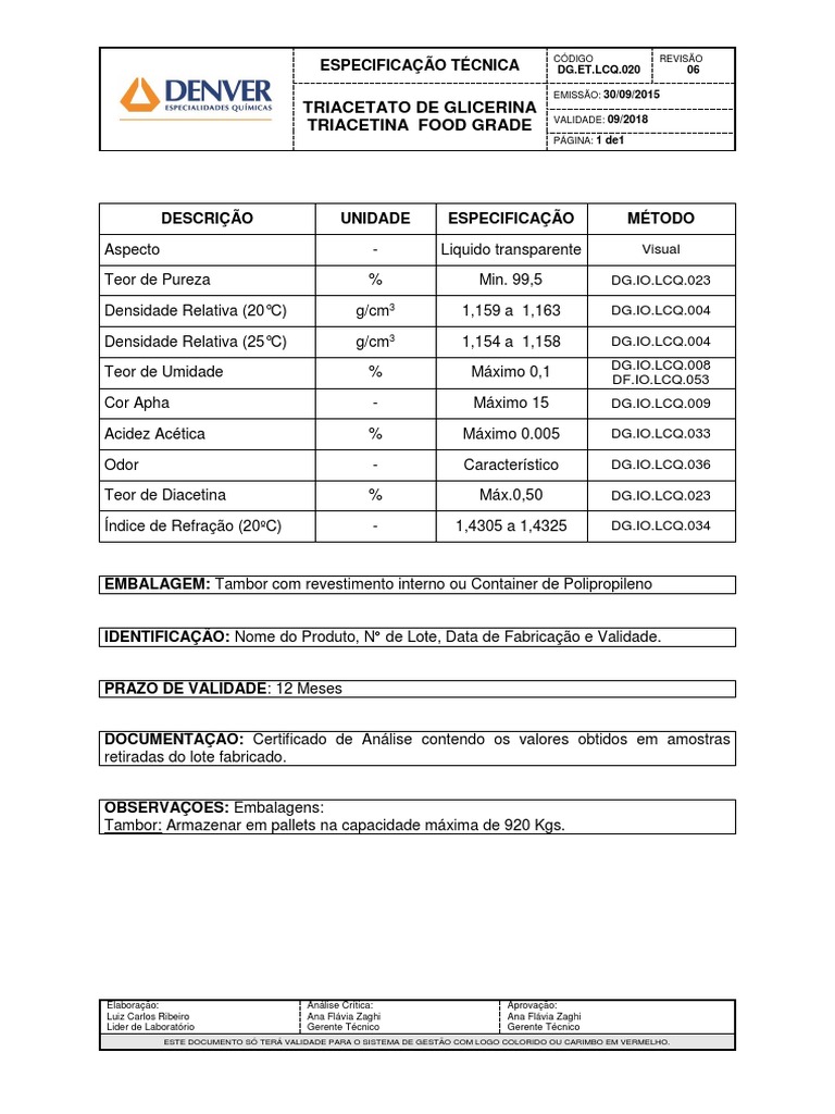 Q.020 - Triacetato de Glicerina - Triacetina - Food Grade | PDF