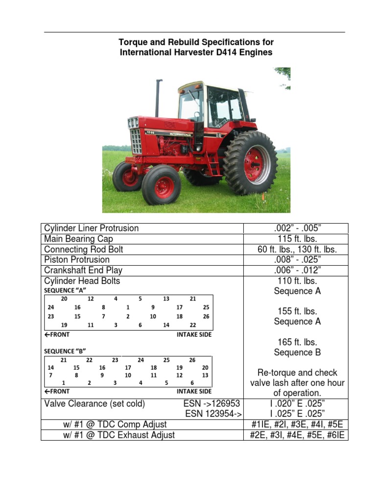 Torque and Rebuild Specifications For International Harvester D414 ...