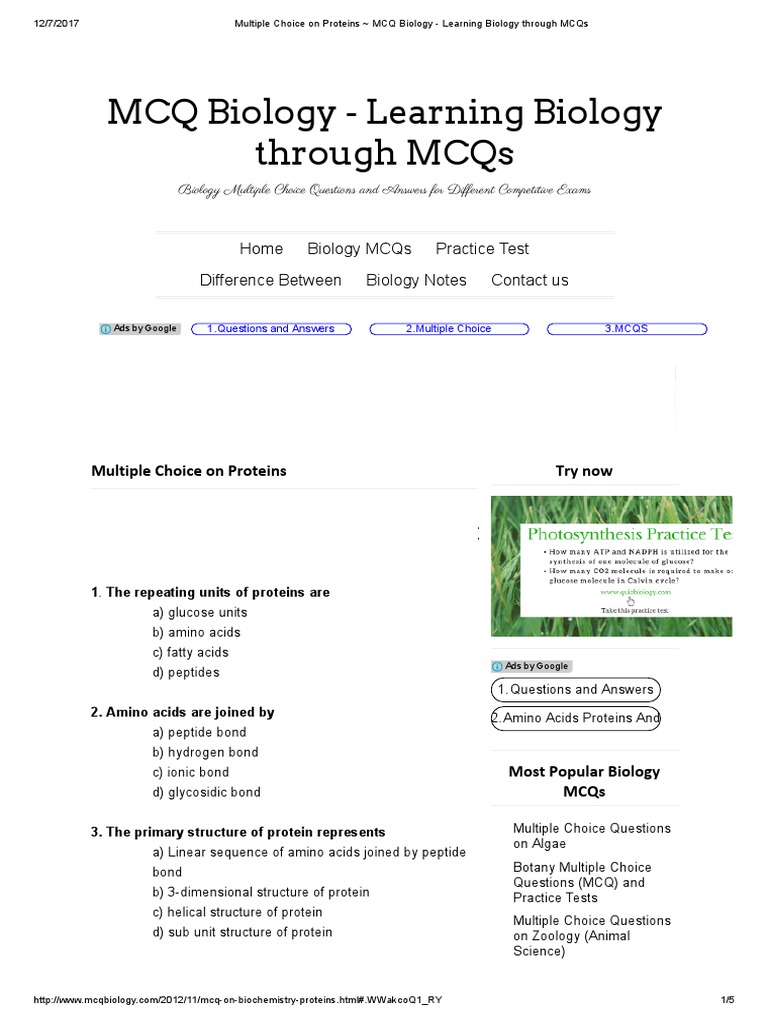 Multiple Choice On Proteins - MCQ Biology - Learning Biology Through ...